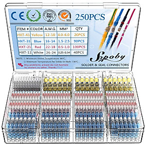 Sopoby 250PCS Solder Seal Wire Connectors Insulated Waterproof Electrical Wire Terminals Heat Shrink Solder Butt Connectors Solder Connector Kit for Automotive Marine