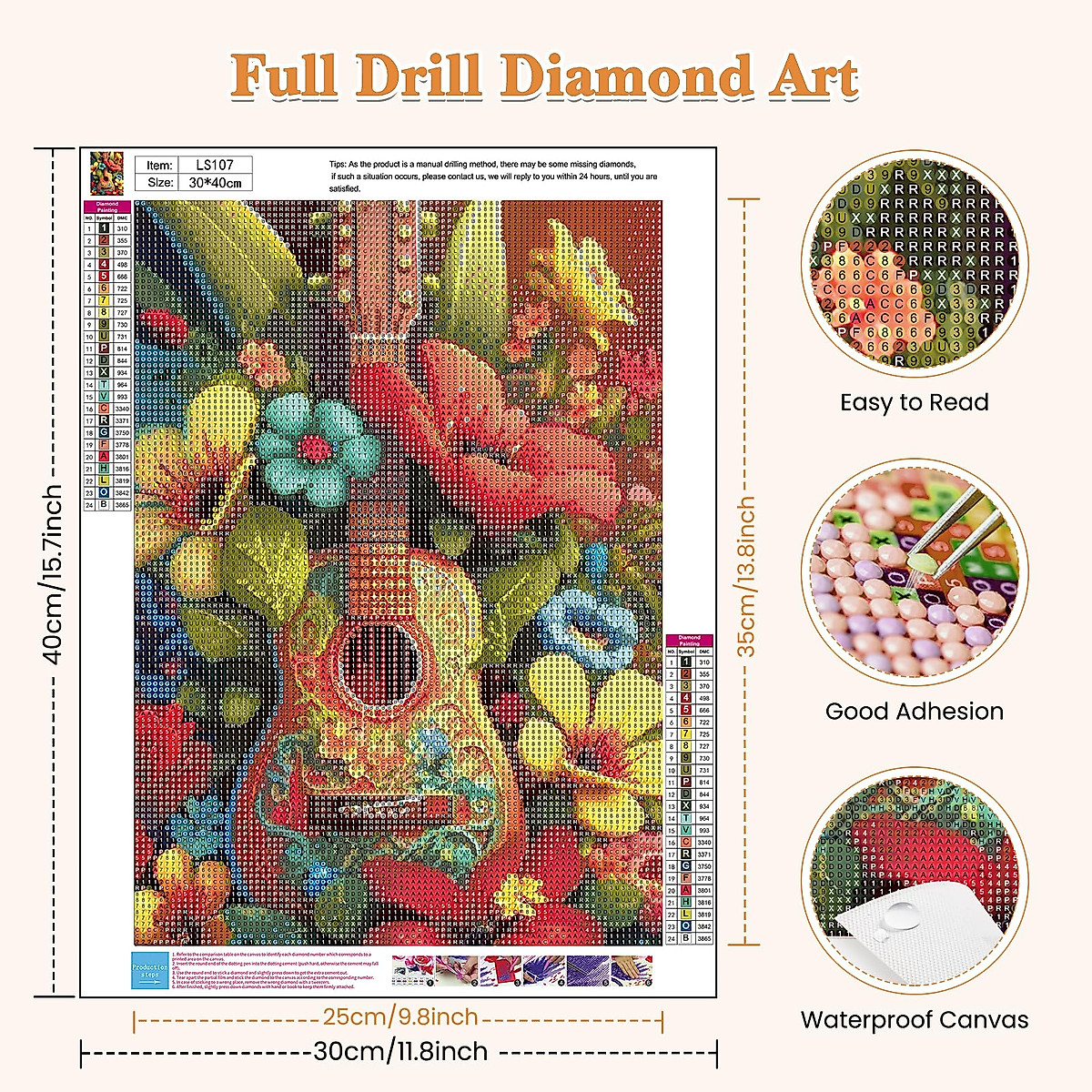 RICUVED Diamond Art, Guitars Diamond Art Kits for Adults, Flowers Diamonds Gem Art 5D Full Round Drill Musical Instrument Diamond Arts and Crafts Home Wall Decor 12x16Inch