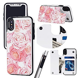 Elegance Color Pink Roses Wallet Phone Cases Fashion Leather Design Protective Shell Shockproof Cover Compatible with iPhone X/XS