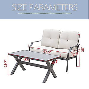 LOKATSE HOME Outdoor Loveseat and Coffee Table Metal Conversation Set Patio Furniture with Cushions for Poolside Backyard Lawn, Beige