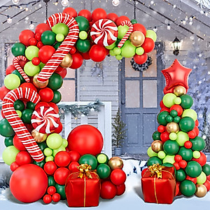 Bonropin Christmas Balloon Garland Arch kit with Xmas Red Gold Dark Green Balloon Fresh Green Balloon and Candy Balloons Gift Box Balloons Red Star Balloons Rich for Christmas Party Decorations