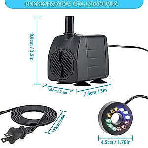 Fountain Pump with Light 256PGH Container Fountain Kit Submersible Outdoor Fountain Nozzle Spray for Garden Pond Indoor and Landscape by ChaUYI