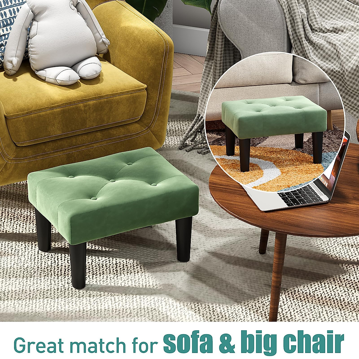 viewcare Ottoman Foot Stool, Green Small Ottoman footrest, Velvet Soft Footrest Ottoman with Wood Legs, Sofa Footrest Extra Seating for Living Room Entryway Office
