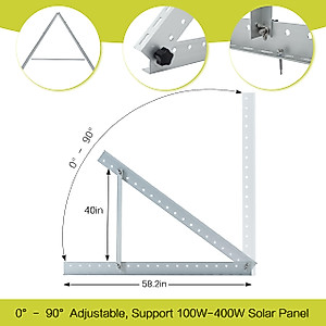 JJN 58"Solar Panel Adjustable Tilt Mounting Brackets Support Up to 100 180 200 300 400W Single Panel 0 to 90° Adjust Panel Mount Brackets with Foldable Tilt Legs for RV Boat Any Flat Install