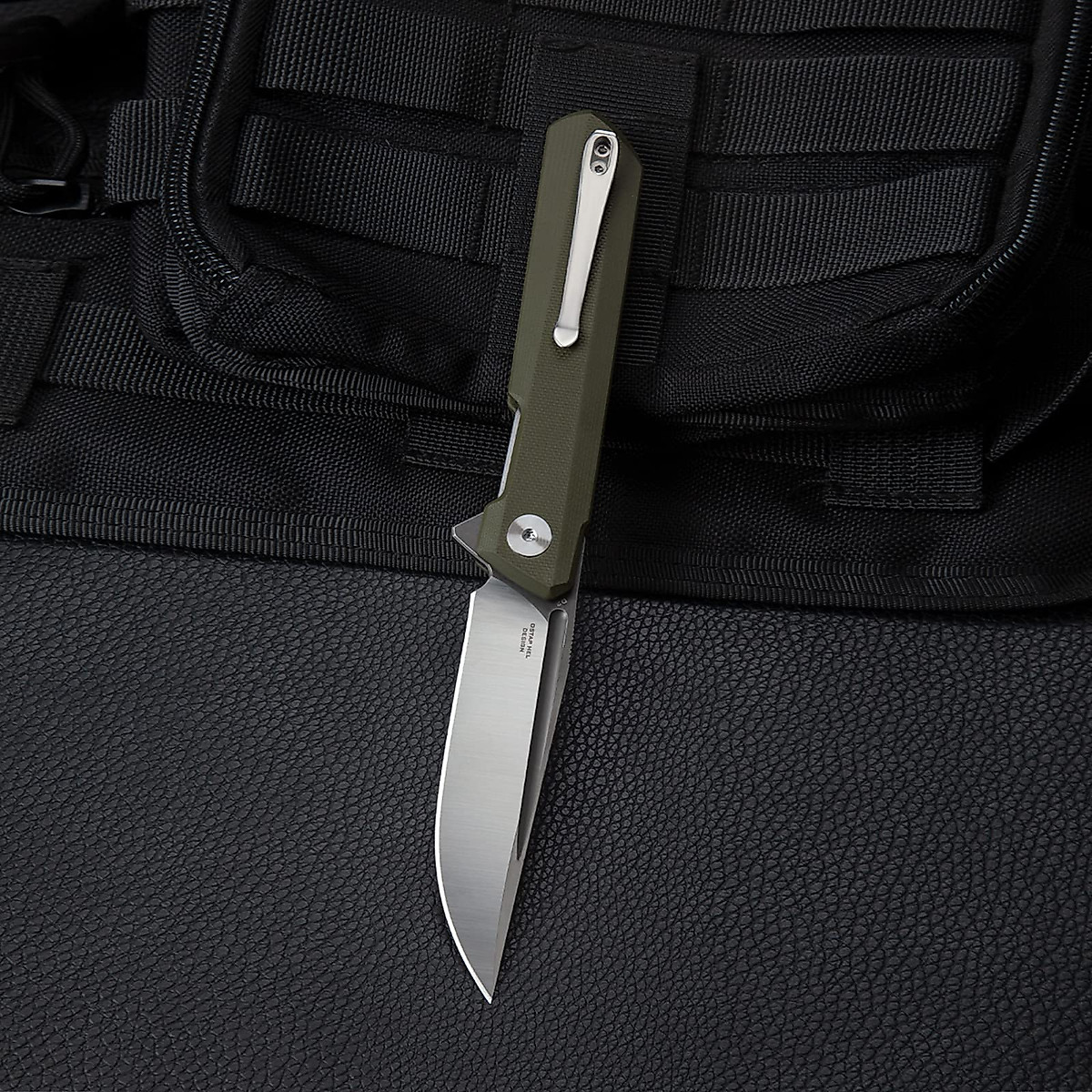 BESTECHMAN Dundee Pocket Folder Folding Knife: 3.35" D2 Steel Grey titanized Satin Blade, G10 Scales, Flipper, Liner Lock, EDC Reversible Deep Clip, BMK01E (OD Green Handle)