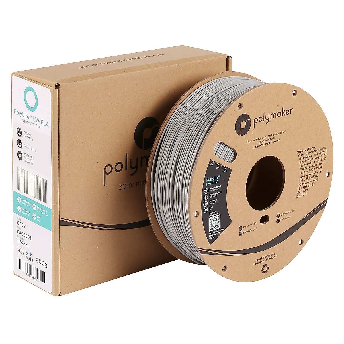 Polymaker LW PLA Filament 1.75mm Gray, Pre-Foamed PLA 800g Lightweight 3D Filament - PolyLite 3D Printer LW-PLA for Printing RC Plane, 190-210 °C Printing Temp. | High Rigidity | Easy to Paint