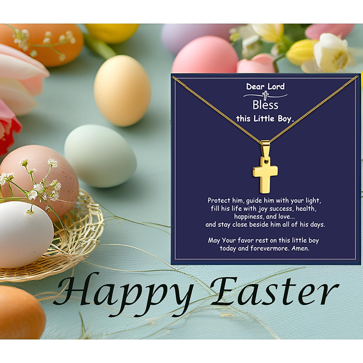 Sereney Gold Cross Necklace as Easter Basket Stuffers for Teens Boys, Cross Necklace for Boys Stainless Steel Cross Necklace as Baptism 1st Communion Gifts for Boys Easter Gifts