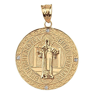 14K Yellow Gold Diamond Accented 1” Round Two Sided Saint Benedict Medalla de San Benito Medal Pendant
