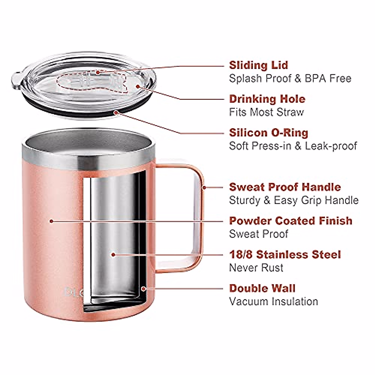 DLOCCOLD Insulated Coffee Mug with Handle 12 oz Stainless Steel Travel Coffee Cup with Lid Spill Proof Reusable Thermos Coffee Cups for Men Women