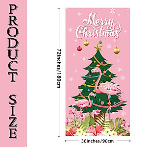 Pink Flamingo Christmas Door Cover Hawaiian Tropical Christmas Photo Backdrop Hawaii Beach Christmas Xmas Winter Holiday Decorations and Supplies for Home Party