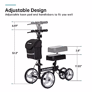ELENKER Steerable Knee Walker with 10" Front Wheels Deluxe Medical Scooter for Foot Injuries Compact Crutches Alternative Black