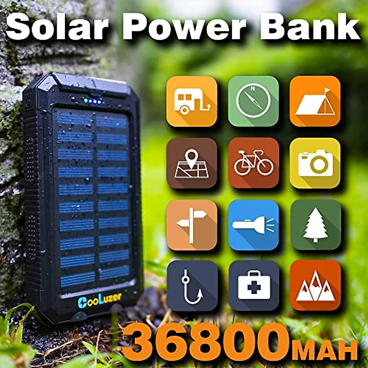 Solar Charger Power Bank 36800mah with 18W PD 5V*3.1A Fast Charging, QC3.0 Portable Charger Solar Power Bank,IP67 Waterproof Camping Gear Accessory for Outdoor (Black)