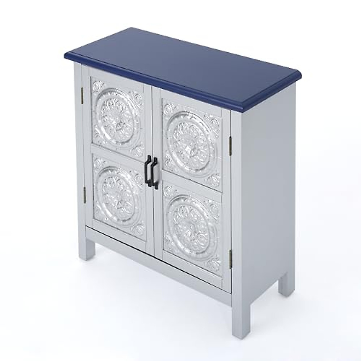 Christopher Knight Home Alana Firwood Cabinet with Faux Wood Overlay, Silver / Navy Blue