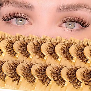 Brown Lashes Strip Natural Looking Cat Eye Lashes Brown Eyelashes Wispy Fluffy Clear Band Brown Eye Lash Pack 8 Pairs