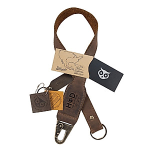 Hide & Drink, Keychain Lanyard, Badge Holder, Clip to Attach to House, Car, and Apartment Keys, ID, Full Grain Leather, Handmade, Bourbon Brown