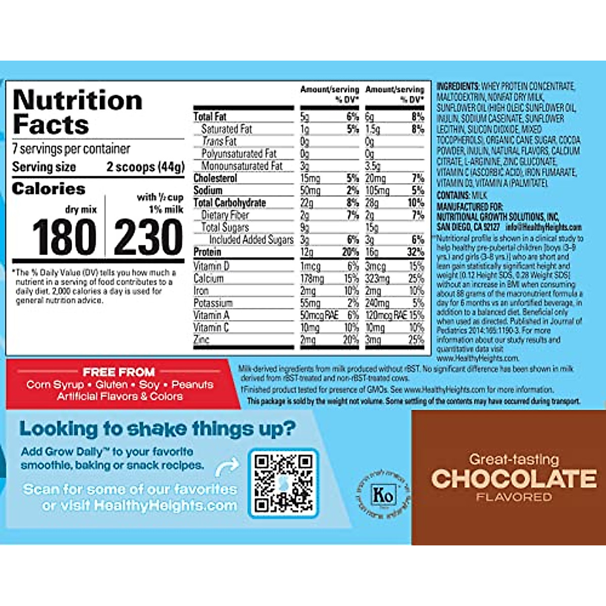 Grow Daily 3+ Shake Mix 7-serving Canister by Healthy Heights - Protein Powder (Chocolate) - Developed by Pediatricians - High in Protein Nutritional Shake - Contains Key Vitamins & Minerals