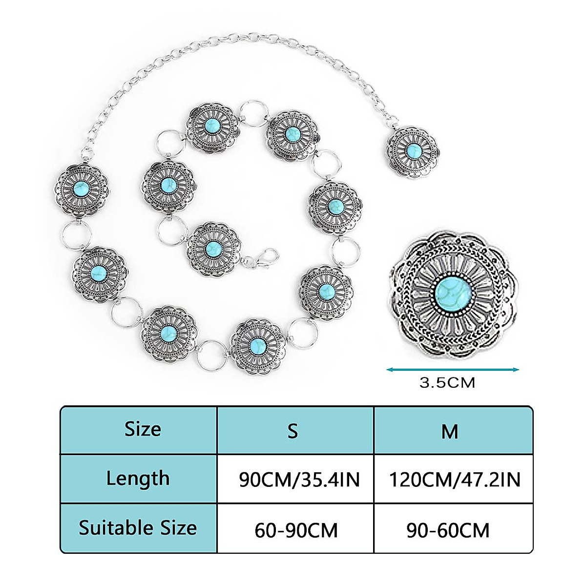 Navoky Turquoise Chain Belts Concho Belt Silver Metal Western Waist Chain Retro Boho Cowgirl Outfit Accessories for women (D, Medium)