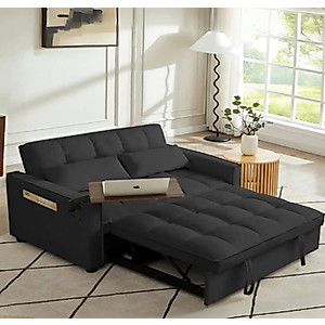 Velvet Pull Out Sofa Bed with Side Table, Convertible Loveseat Sleeper with Tufted Backrest, Modern Futon Couch for Living Room, Bedroom (Black)