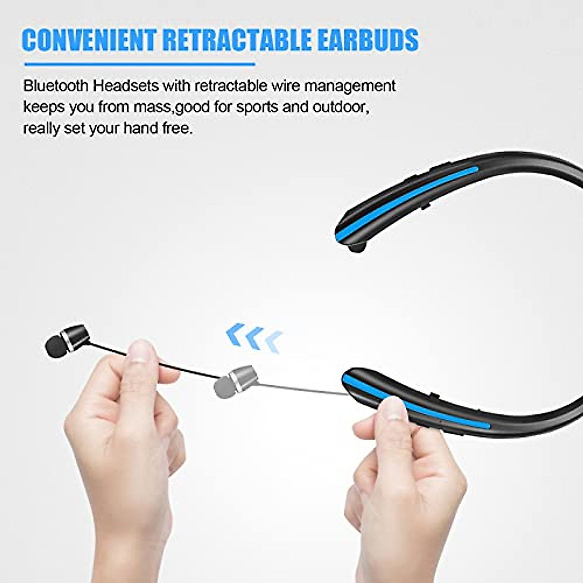Bluetooth Headphones Retractable, Wireless Neckband Headset with Sweatproof Stereo Earbuds CVC 8.0 Noise Cancelling Call Vibrate Alert Earphones (Blue)