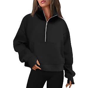Trendy Queen Womens Half Zip Cropped Pullover Oversized Sweatshirts Fleece Quarter Zipper Hoodies Winter Clothes Sweaters Thumb Hole Black