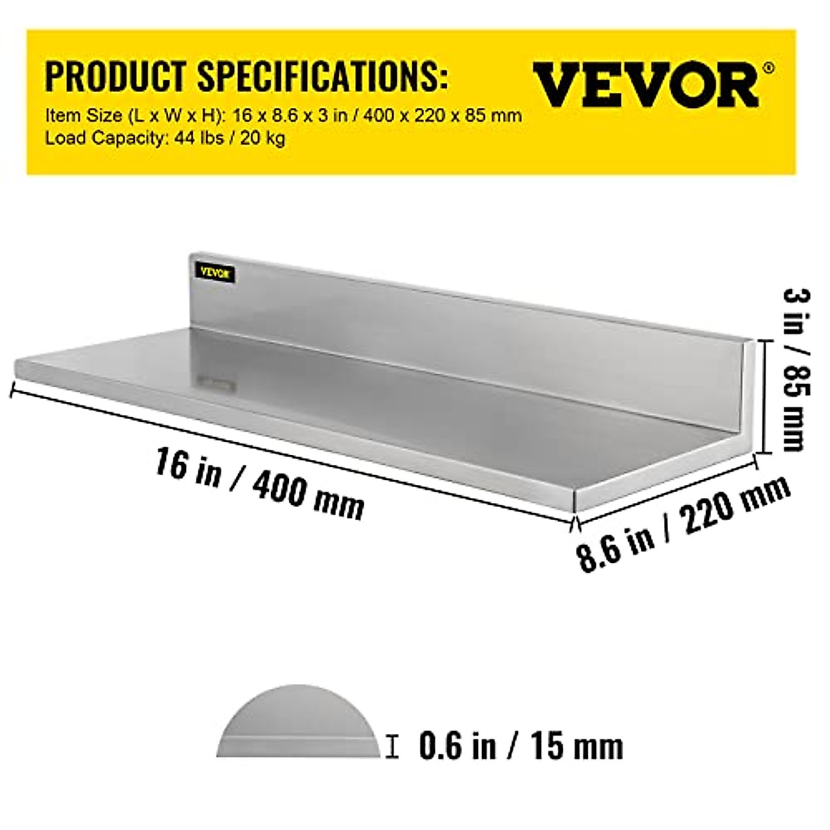 VEVOR Stainless Steel Wall Shelf, 8.6'' x 16'', 44 lbs Load Heavy Duty Commercial Wall Mount Shelving w/Backsplash for Restaurant, Home, Kitchen, Hotel, Laundry Room, Bar (2 Packs)