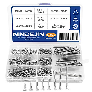 NINDEJIN Flat Head Self Tapping Screws Assortment Kit, 304 Stainless Steel Wood Screws, M3.5 Phillips Drive Self Tapping Screws, 240 pcs Self-Tapping Screws Set with 2 pcs Phillips Screw Bit (12-40mm)