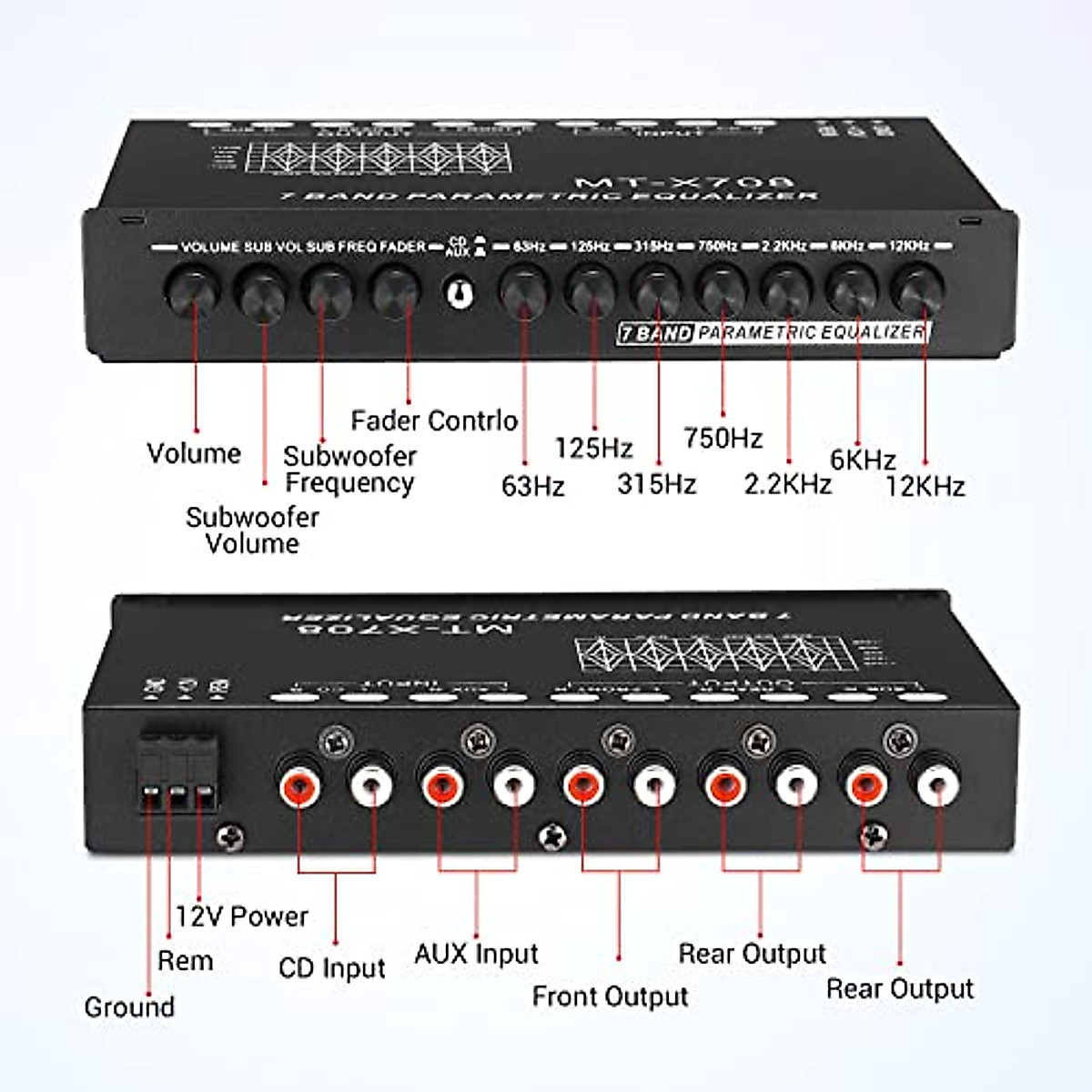 Facmogu 7-Band Car Audio Equalizer, Adjustable 7 Bands EQ Car Amplifier Graphic Equalizer with CD/AUX Input Select Switch, Front/Rear + Sub Output, for Boat RV RTV Motorcycle Car Stereo Tone Control