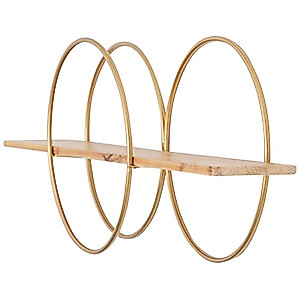 Praktiban Metal Gold Wall Shelf, Metal Frame and Wood Floating Shelves, 3 Metal Circle Wall Mounted Shelf for Living Room and Bedroom