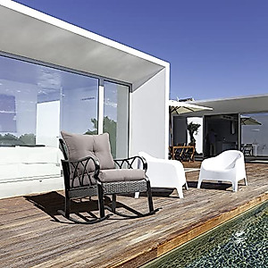 Outsunny Outdoor Wicker Rocking Chair with Padded Cushions, Aluminum Furniture Rattan Porch Rocker Chair w/Armrest for Garden, Patio, and Backyard, Grey