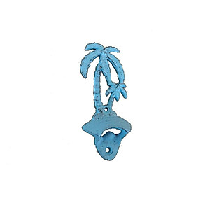 Handcrafted Nautical Decor Rustic Light Blue Cast Iron Wall Mounted Palm Tree Bottle Opener 6" - Bottle O