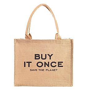 BUY IT ONCE Burlap Shoulder Tote Bag for Women, Jute Travel Tote Bags for Beach or Grocery Shopping, Large Laptop Work Bag with Top Zipper and Artistic Canvas Design