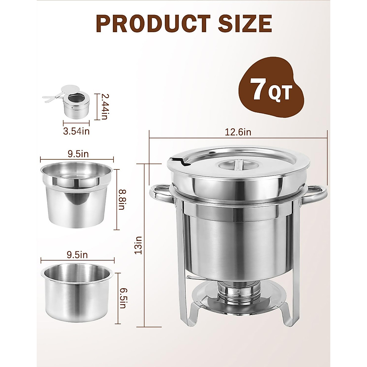 STAIIHOM Soup Chafer - 7QT [Extra 2X Thickened] [Longer Lifespan] 304 Stainless Steel Soup Chafing Dish with Pot Lid and Fuel Holder - Food Grade Commercial Soup Warmers for Parties Catering Buffet