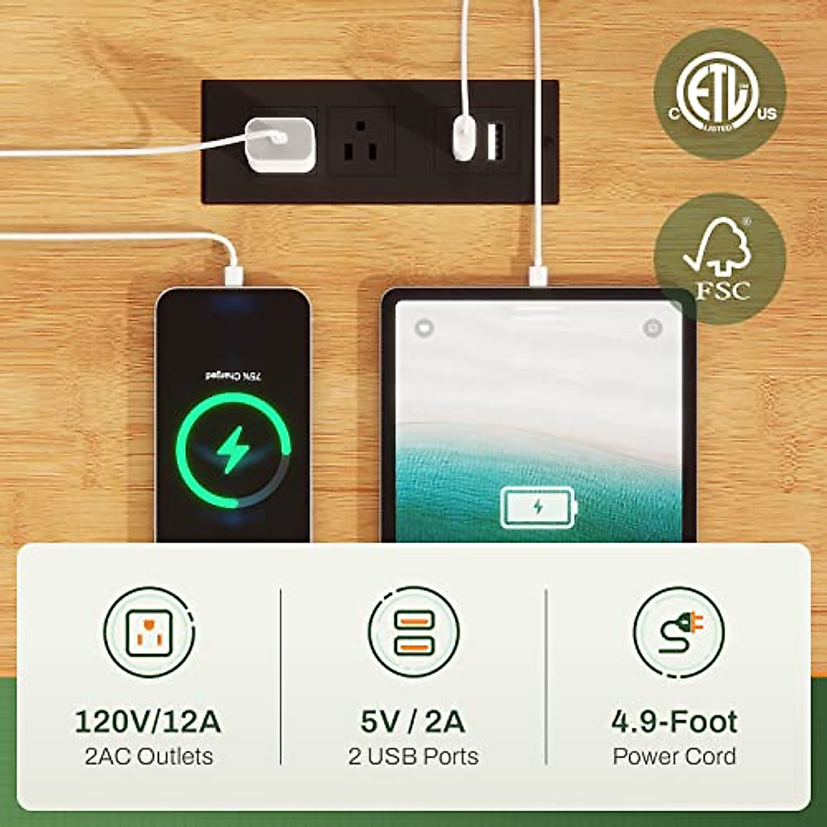 VIAGDO Nightstand with Charging Station, Bamboo End Table, Bedside Table with Rattan Drawer, Night Stand for Bedroom, Natural