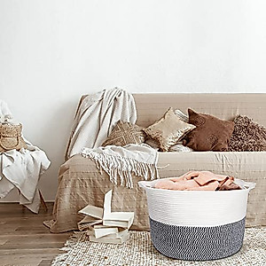 Annecy XXLarge Cotton Rope Basket, 21x13 Inches Blanket Basket Living Room, Woven Baby Laundry Basket with Handle for Toy, Towels, Pillows, Decorative Basket for Blankets, White & Blue