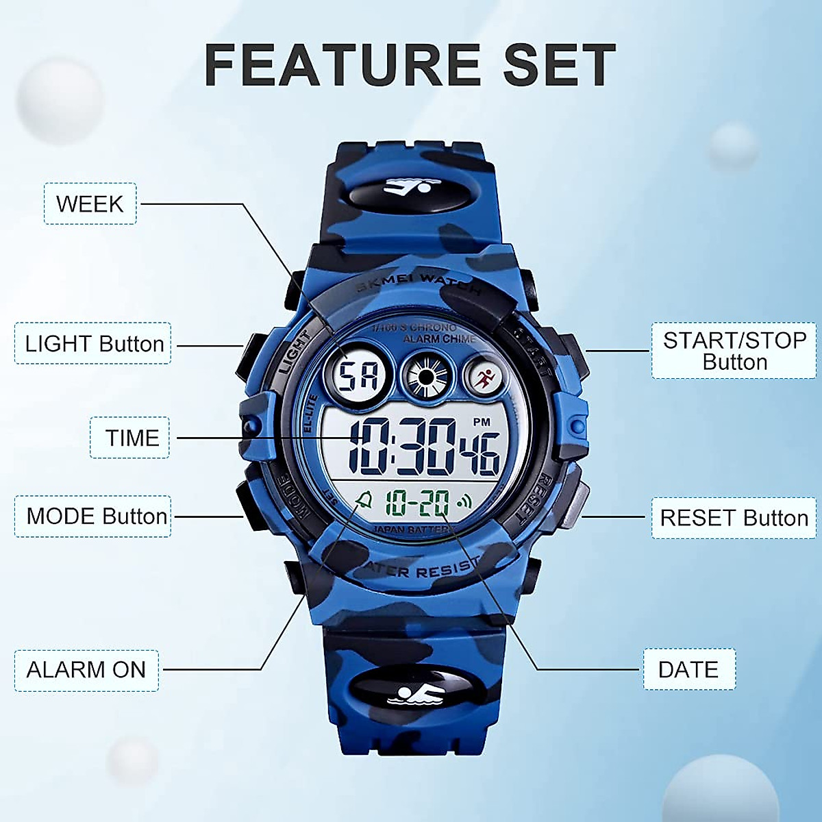 GOLDEN HOUR Watches for Kids Digital Sport Waterproof Boys Watch Outdoor 12/24 H Alarm EL Backlight Stopwatch Military Child Wristwatch Ages 3-15 (Camouflage Dark Blue)