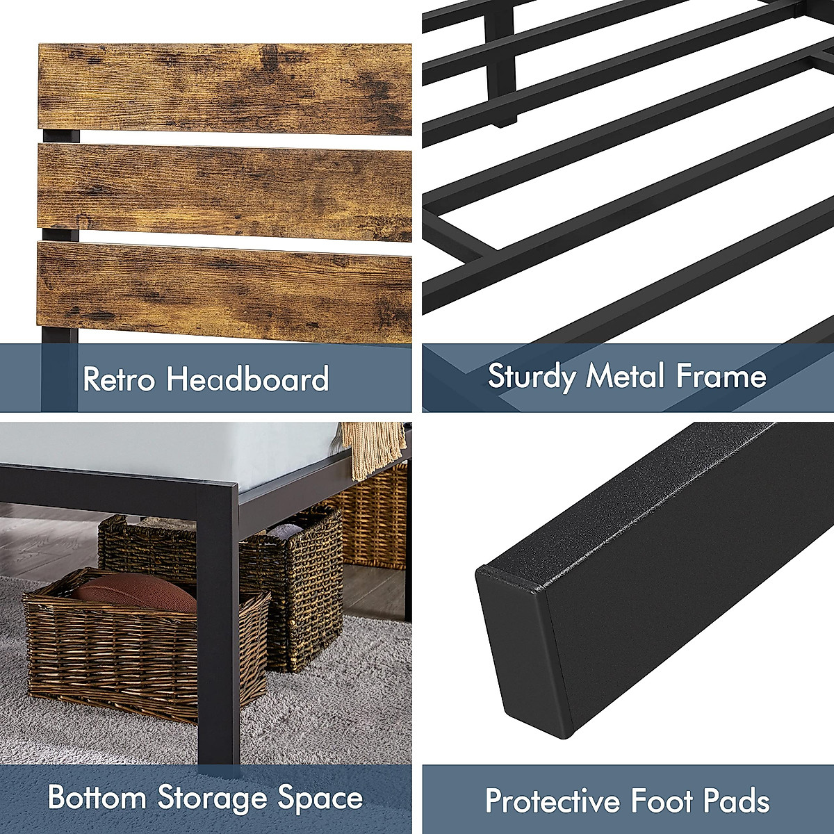 Yaheetech Twin Bed Frames Metal Bed with Modern Rustic Wooden Headboard, No Box Spring Needed/12'' Underbed Storage/Easy Assembly, Brown Twin Bed