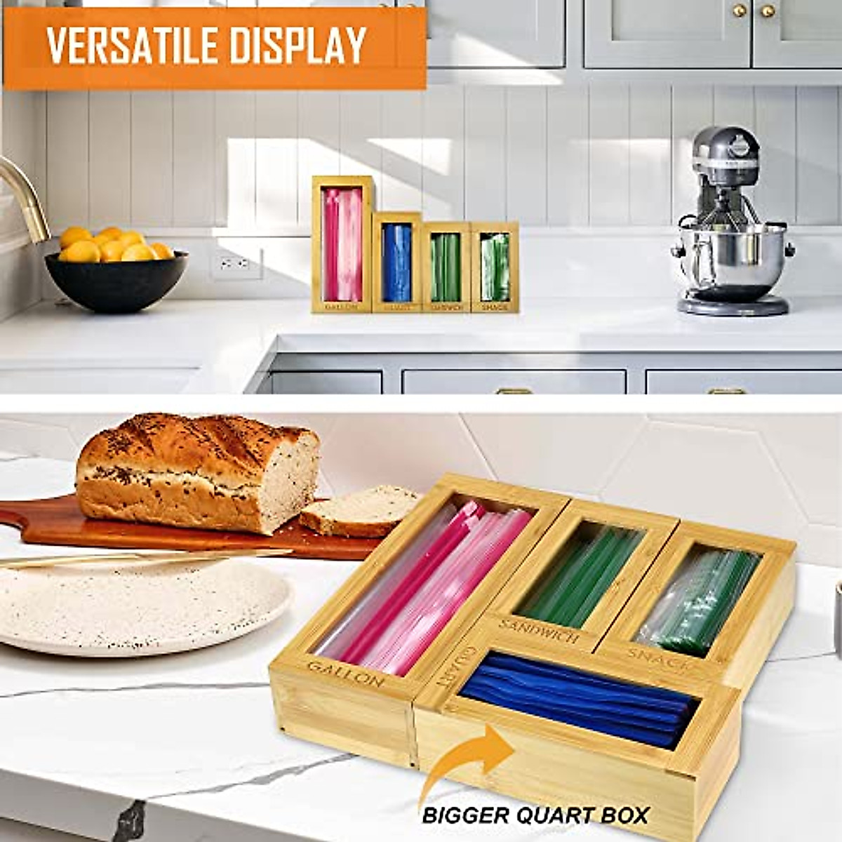 MOOTCHA Bamboo Ziplock Bag Organizer for Kitchen Drawer w/Bigger Quart Size - Food Storage Bag Organizer compatible w/Slider/Freezer Bags - Snack, Quart, Sandwich, and Gallon Bags Dispenser