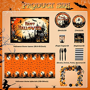 Lecheme Halloween Party Decorations 296 Pcs Halloween Decorations Set Horror Halloween Backdrop Tableware Halloween Balloon Arch Kit Fake Spider Web Halloween Party Supplies (Orange)