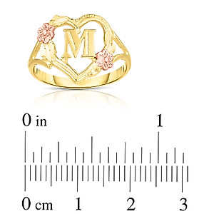 Floreo 10k Yellow Gold Personalized Monogram Monogram Alphabet Character Initial Ring with Heart and Rose Gold Flower Design, Letter M, Size 9