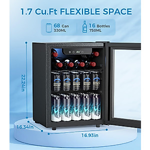 Joy Pebble Beverage Refrigerator and Cooler,1.7 Cu.ft,68 Can Mini Fridge Clear Glass Door for Wine Soda Beer,16 Bottle Wine Cooler with Touch Screen Adjustable Shelves for Home Bar Office,Black