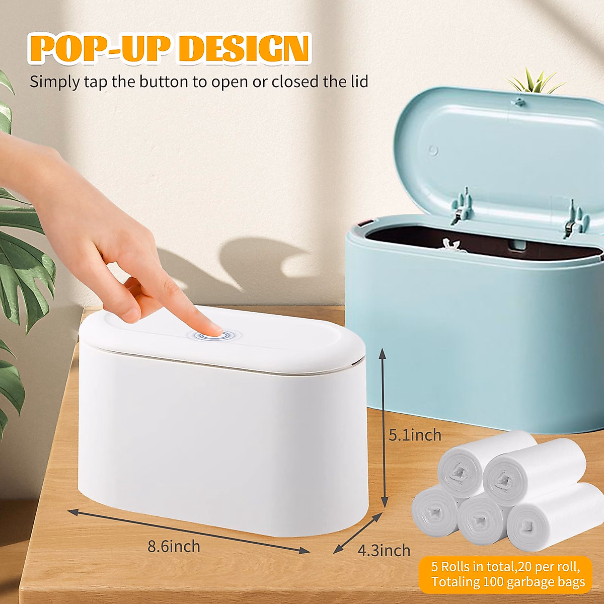 Mini Trash Can with Lid, Desktop Small Trash Can, Removable Small Garbage Can, Pop Up Countertop Wastebasket for Bathroom,Office,Kitchen,Desk,Car, Free 5 roll Bags