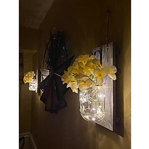 Emuardoe Mason Jar Wall Decor Rustic Wall Sconces Decorative 2 Packs LED Fairy Lights and Flowers Farmhouse Home Decor 6 Hours (Three meters, Khaki planks)