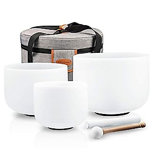 RYAN DVAN 6-10 Inch Set of 3 Frosted Quartz Crystal Singing Bowl Chakra Set with Free Carrying Case