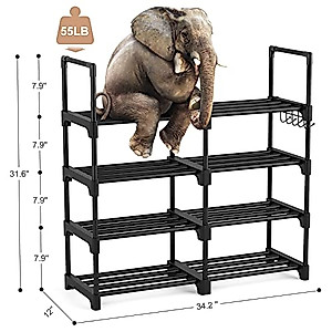 ROJASOP Shoe Rack Storage Organizer for Closet Entryway,16 Pairs 4-Tier Stackable Shoe Shelf for Hallway Bedroom Garage Dorm with Side Hooks Black Free standing Space Saving Shoe Tower