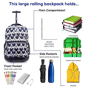 J World Sunrise Rolling Backpack. Roller Bag with Wheels, Heart Dot