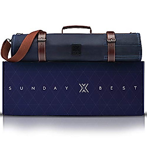 Chef Knife Bag Professional – 12 Slot Knife Roll 16oz Waxed Canvas Leather - Culinary Knife Case to Store & Travel – Light, Portable, Durable (Blue Brown)