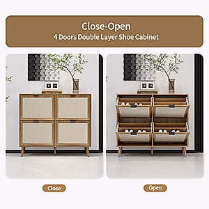 Woenei Shoe Cabinet with Flip Drawers-Modern Rattan 2-Tier Shoe Storage Organizer Cabinet,Freestanding Wood Shoe Rack with 4 Drawers for Bedroom,Mudroom,Entryway,Living Room (Walnut Brown_4 Drawers)