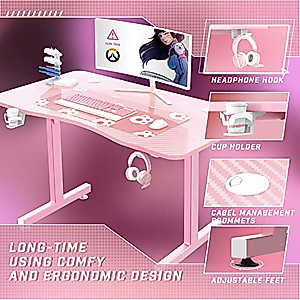 Vitesse Pink 40 Inch Cute Kawaii Computer Gaming Table T Shaped Girl Gamer Workstation Home Office Desk with Carbon Fiber Surface and Headphone Hook