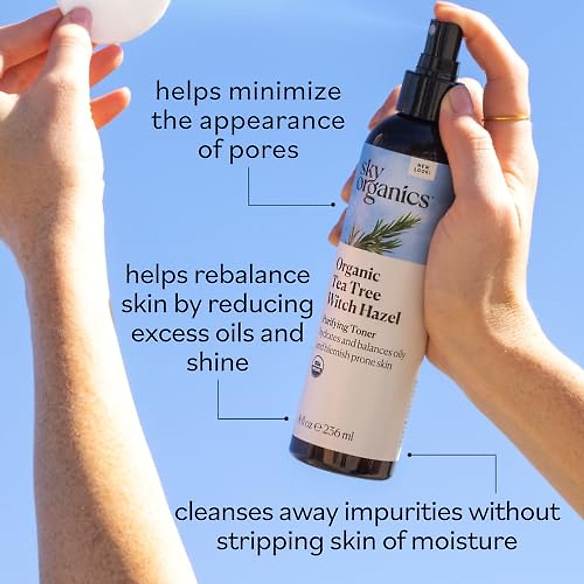 Sky Organics Organic Tea Tree & Witch Hazel for Face, Purifying Facial Toner to Hydrate, Soothe, Cleanse and Balance Blemish-Prone Skin, Helps Minimize The Appearance of Pores, 8 fl oz