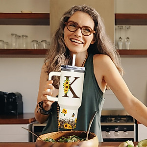 Personalized Birthday Gifts For Women - Sunflowers Monogrammed Cup For Boss Day, Christmas - Customized Gifts For Women, Mom, Wife, Coworkers, Boss Lady, Her - Custom Tumbler With Handle 40oz